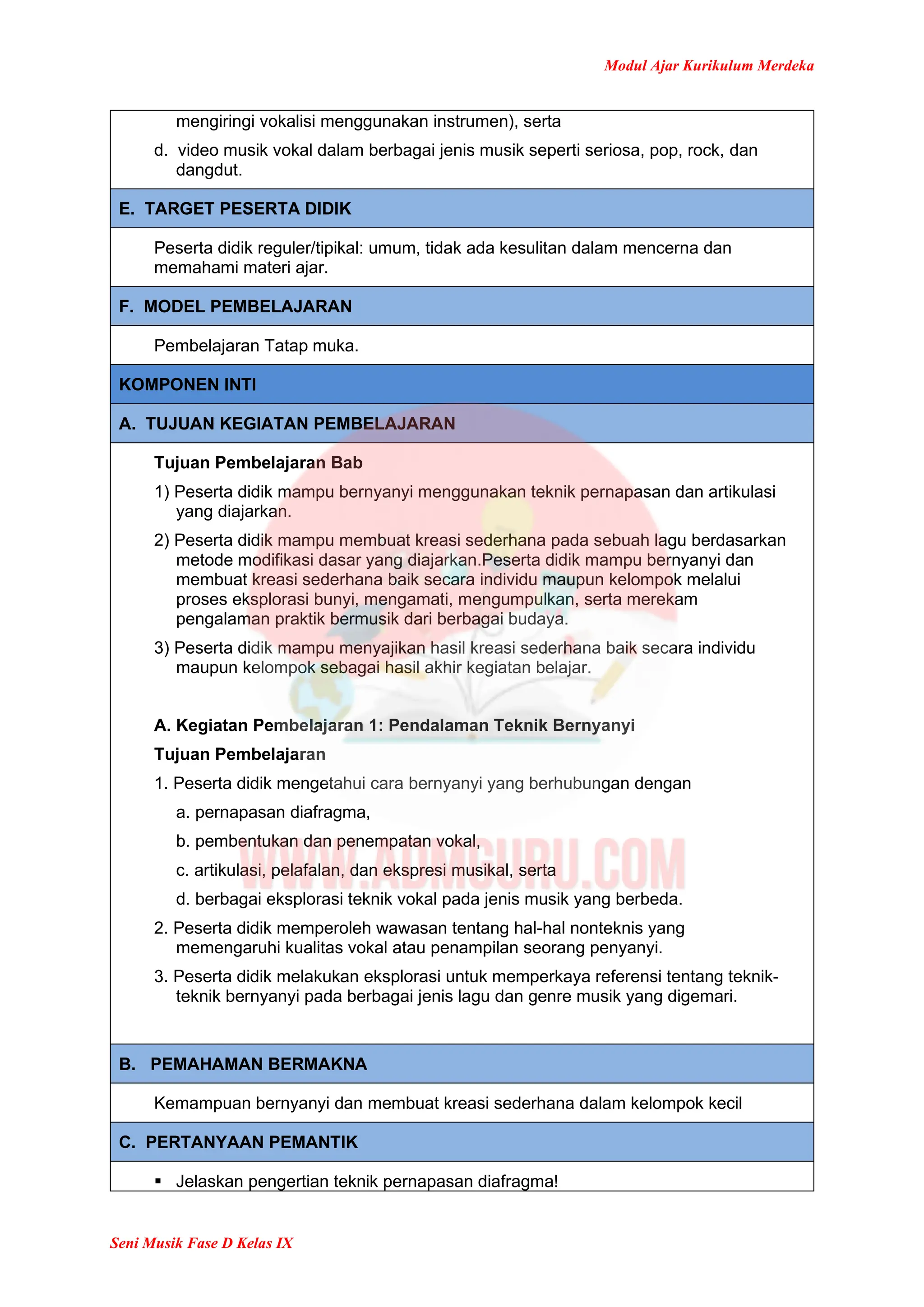 Modul Ajar Seni Musik Kelas 9 Kurikulum Merdeka | PDF