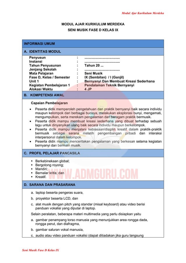 Modul Ajar Seni Musik Kelas 9 Kurikulum Merdeka | PDF