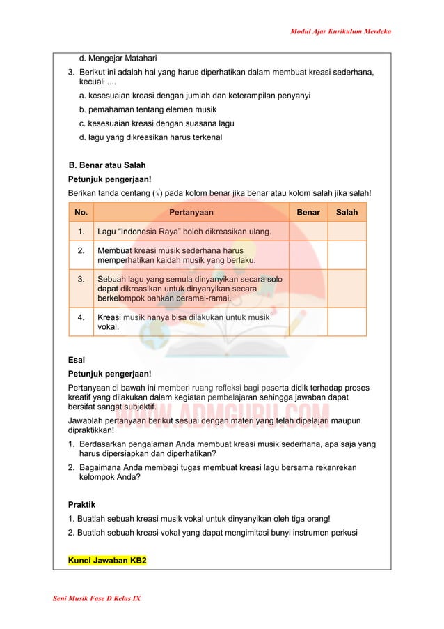 Modul Ajar Seni Musik Kelas 9 Kurikulum Merdeka | PDF