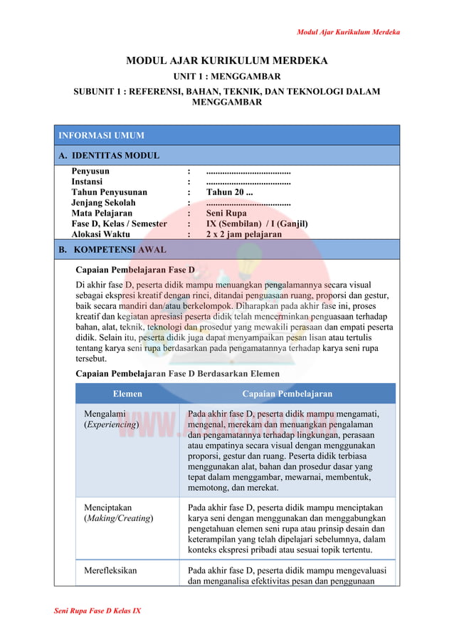 Modul Ajar Seni Rupa Kelas 9 Kurikulum Merdeka | PDF