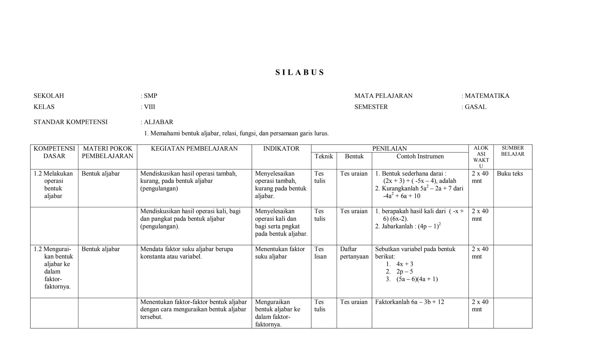 Contoh silabus matematika smp kelas 8 | PDF