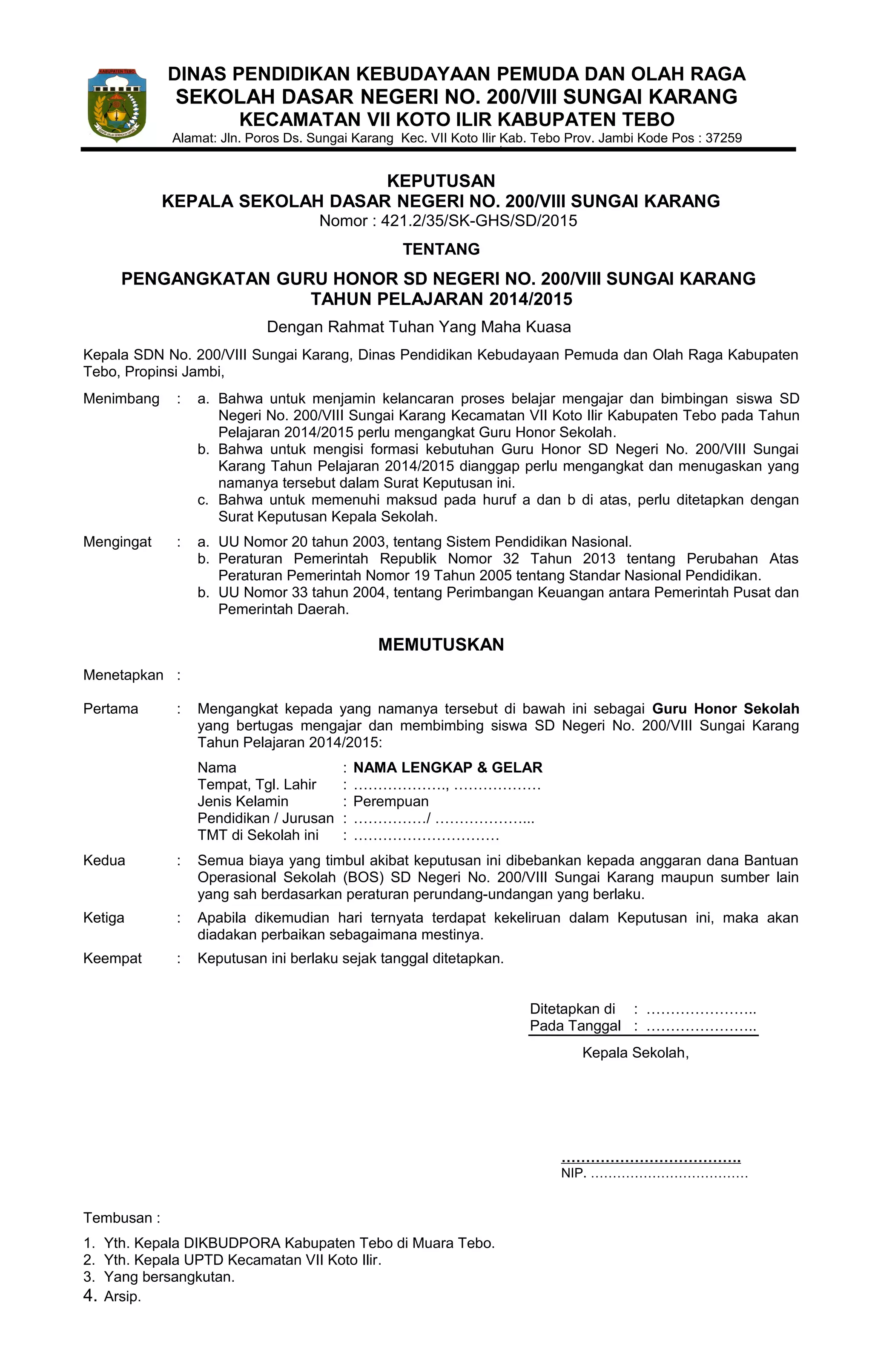 Contoh sk guru honor | DOC