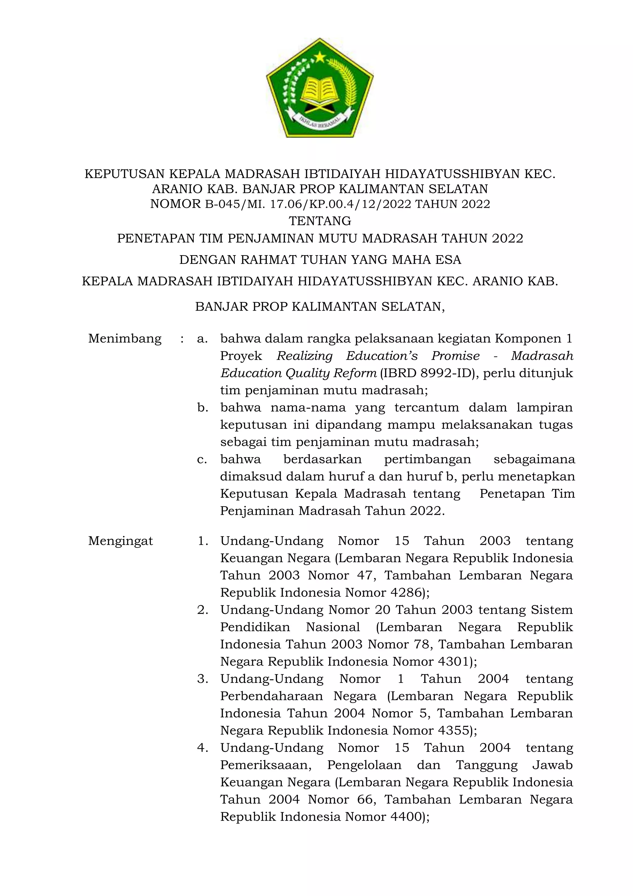 Contoh SK Tim Penjamin Mutu Madrasah.docx