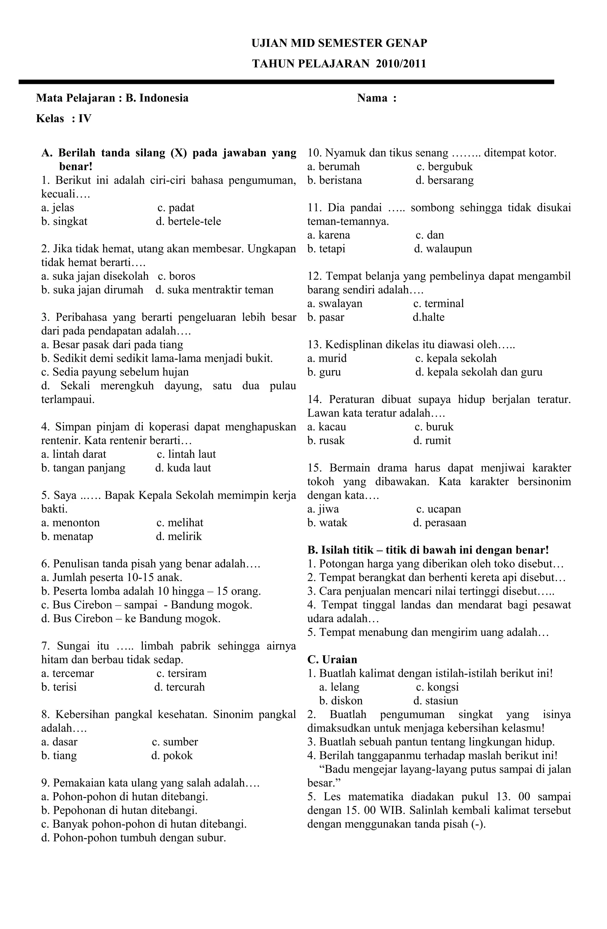 Contoh soal soal ujian | DOC
