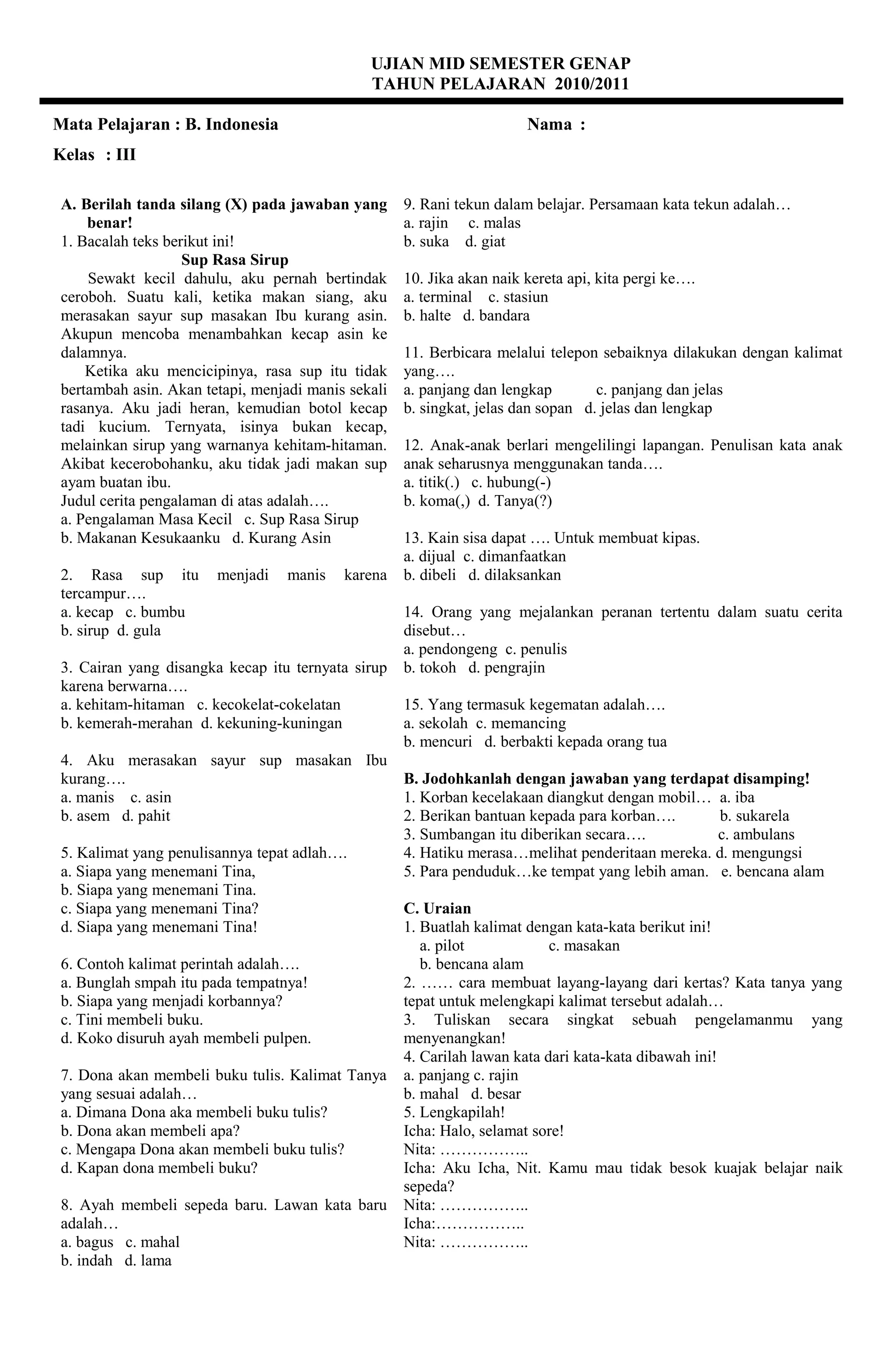 Contoh soal soal ujian | DOC