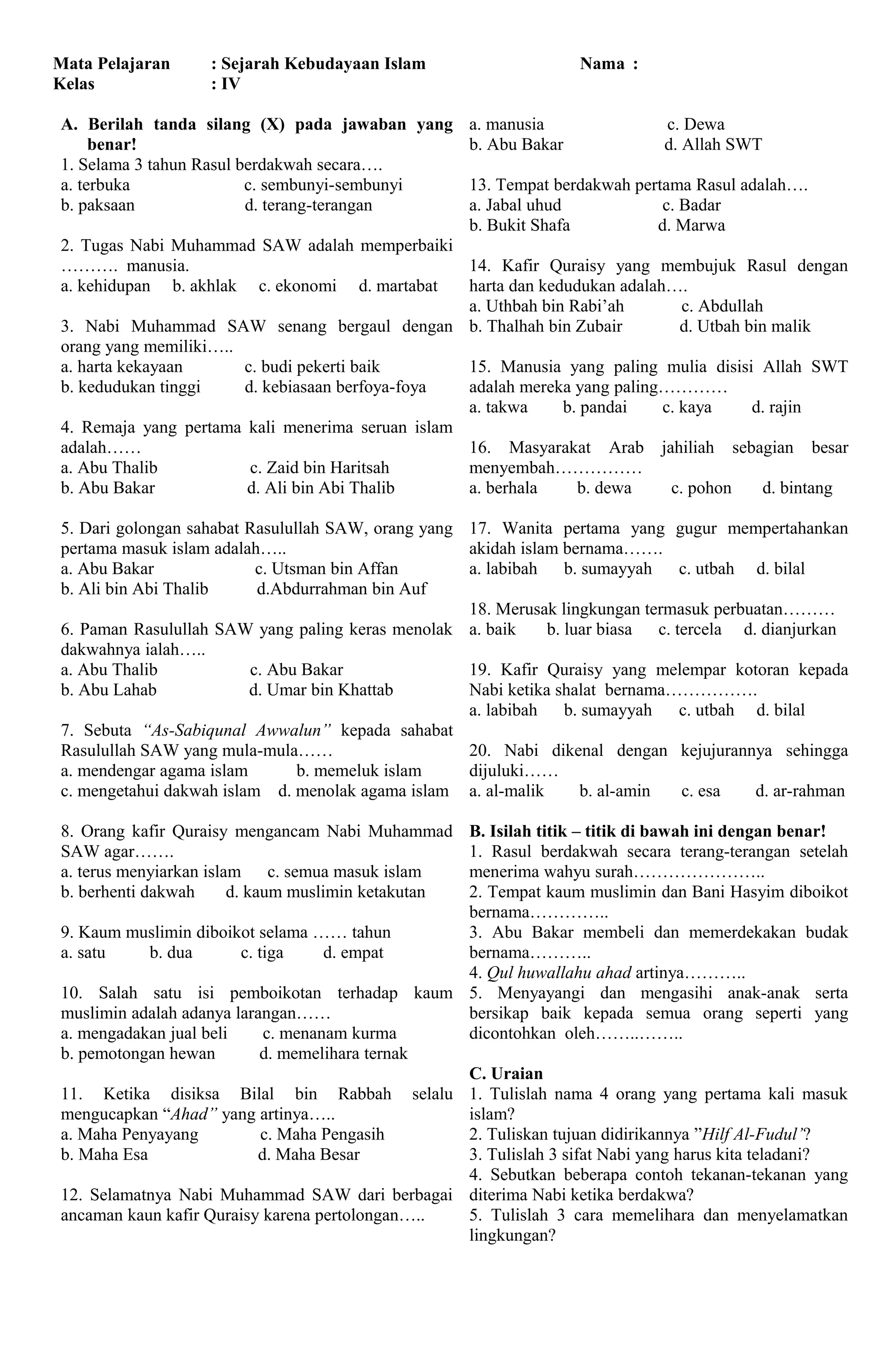 Contoh soal soal ujian | DOC