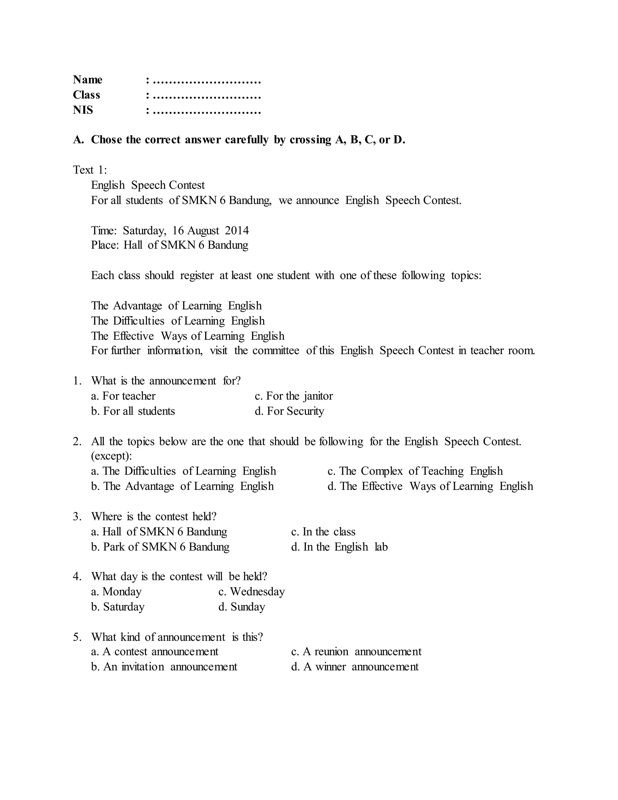 Contoh soal announcement RPP 2013 | DOCX
