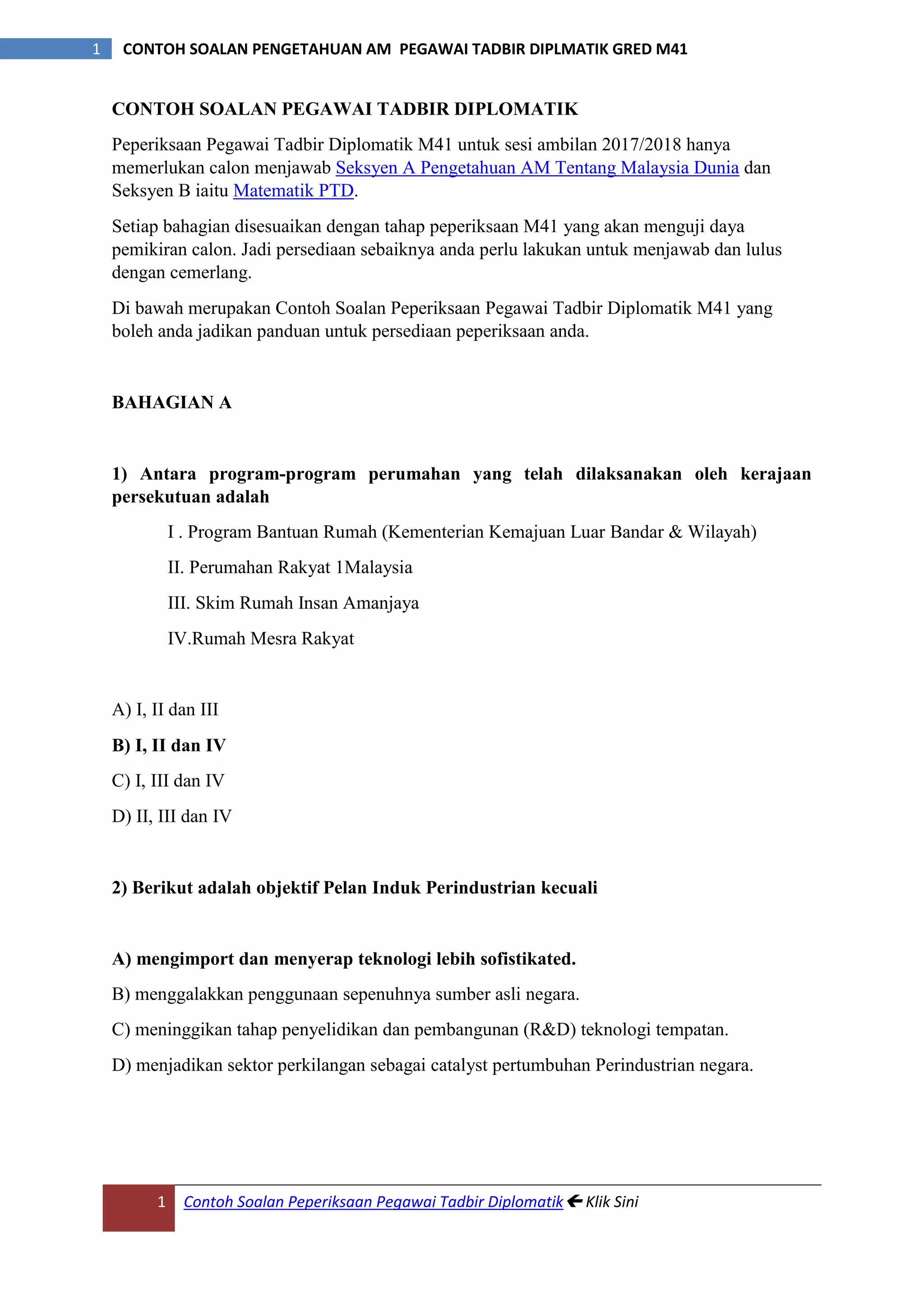 CONTOH SOALAN PTD/PEGAWAI TADBIR DIPLOMATIK | PDF