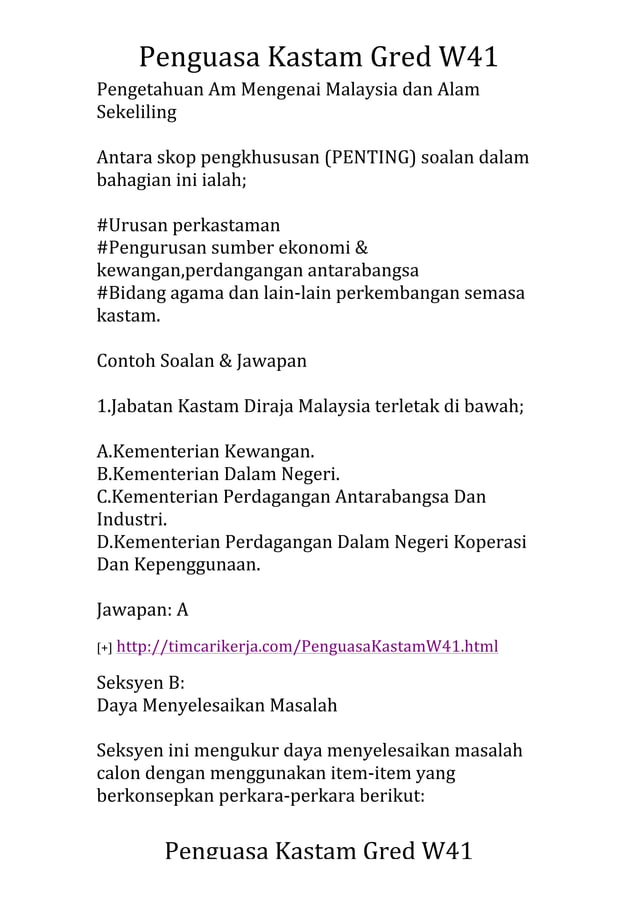Contoh soalan penguasa kastam gred w41 | PDF