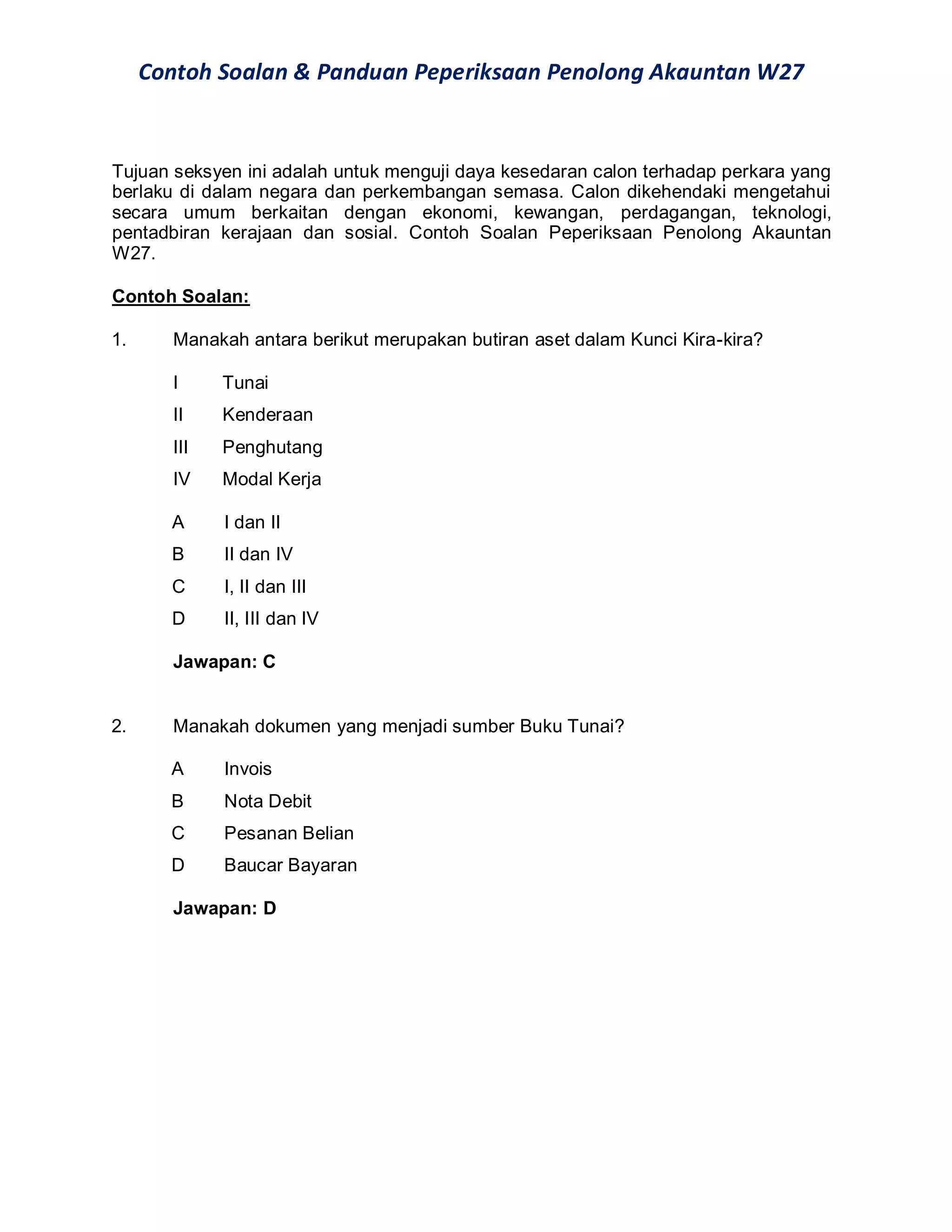 Contoh Soalan Peperiksaan Penolong Akauntan W27 | PDF