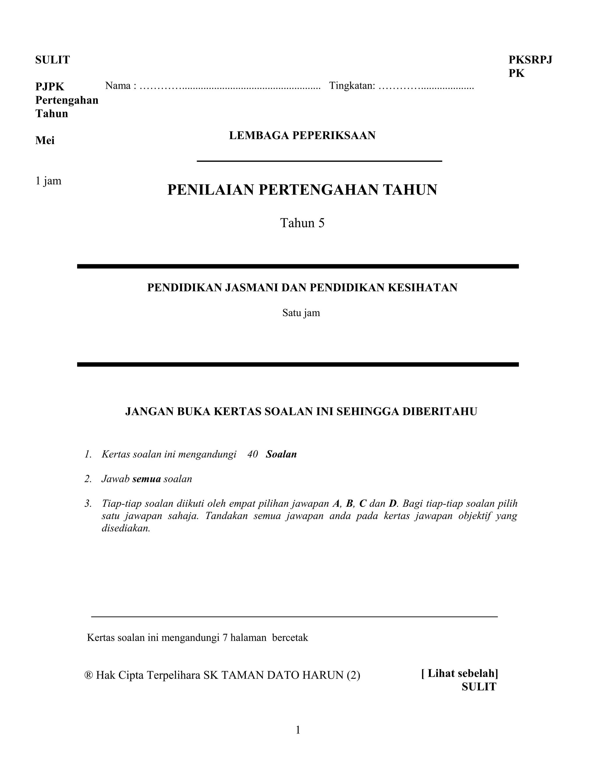 Contoh soalan pjk tahun 5 | DOC