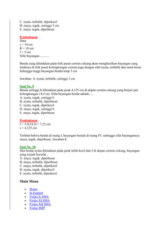 Contoh soal cahaya kelas p3b | DOCX