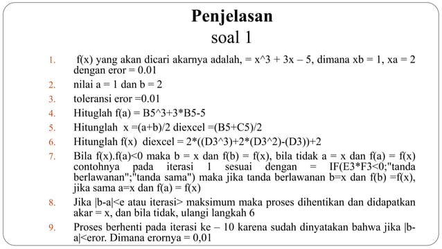 Contoh soal penyelsaian metode biseksi menggunakan excel erna | PPTX