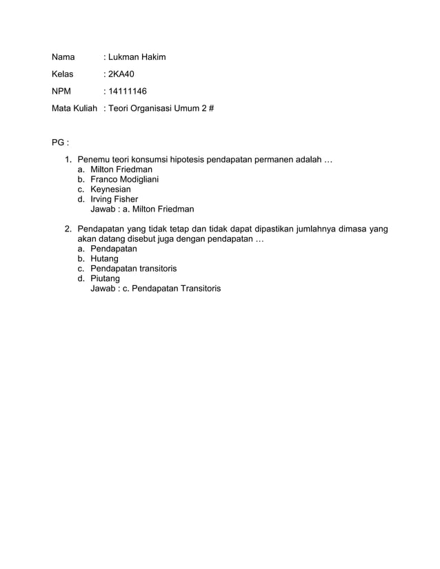 Contoh soal pg milton friedman | DOCX