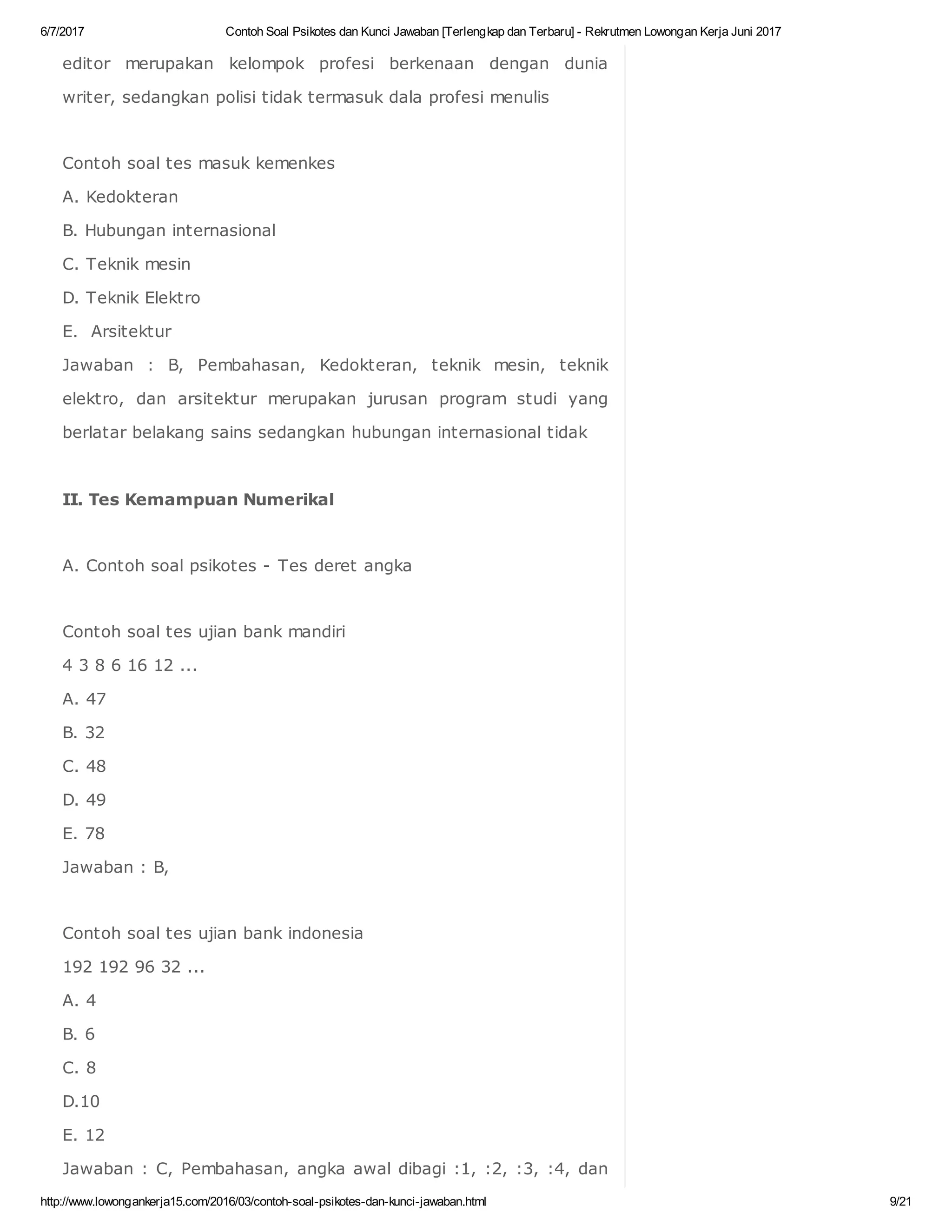 Contoh soal psikotes dan kunci jawaban [terlengkap dan terbaru ...