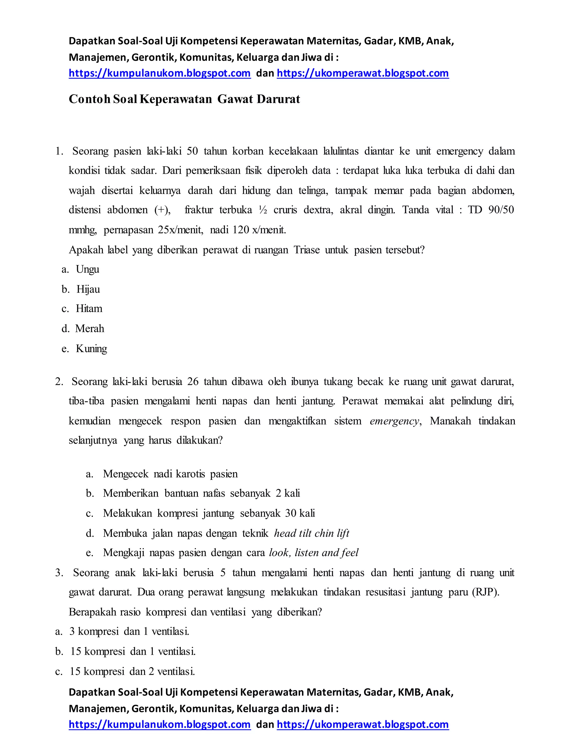 Contoh soal ukom keperawatan gawat darurat | DOCX