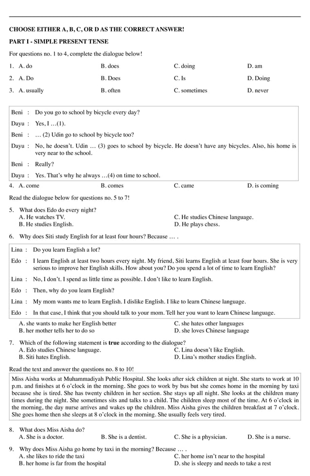 Contoh soal Bahasa Inggris Kelas 8 - Present Tense, Continuous Tense, Pronoun | PDF