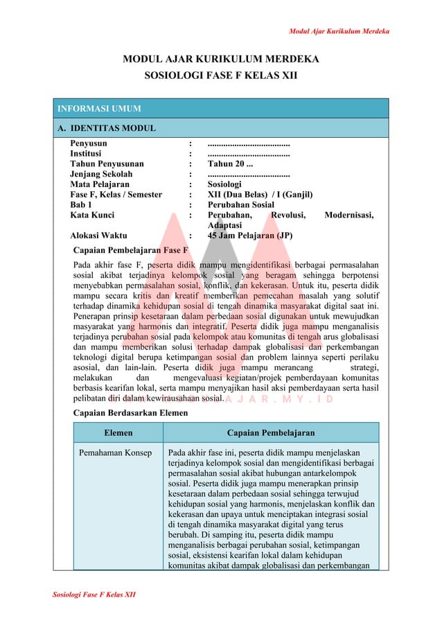 Modul Ajar Sosiologi Kelas 12 Kurikulum Merdeka | PDF