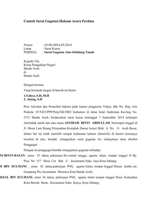 Contoh surat gugatan hukum acara perdata | DOC