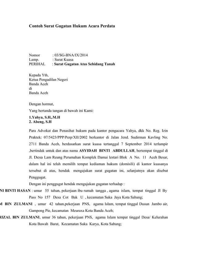 Contoh surat gugatan hukum acara perdata | PDF