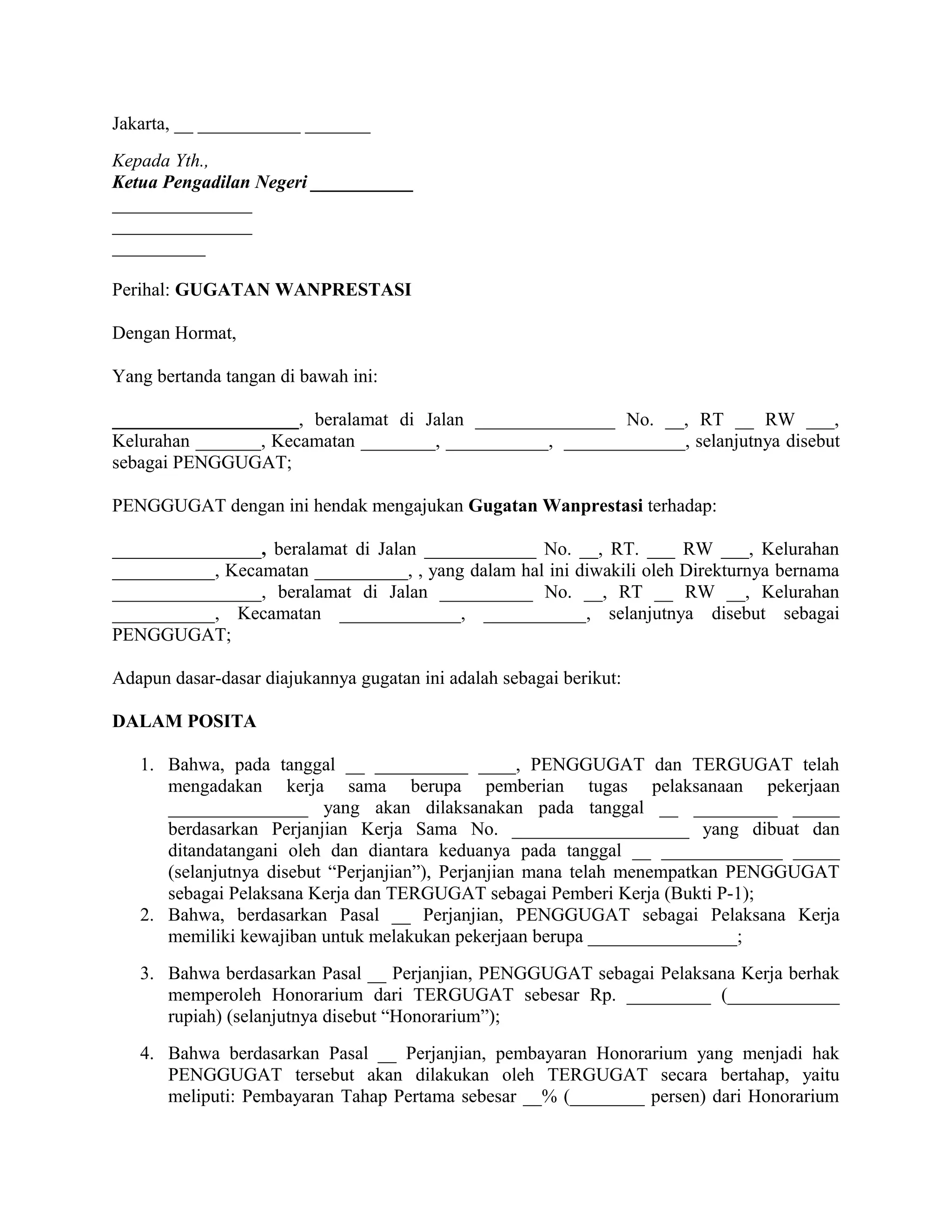 Contoh surat gugatan wanprestasi | DOC