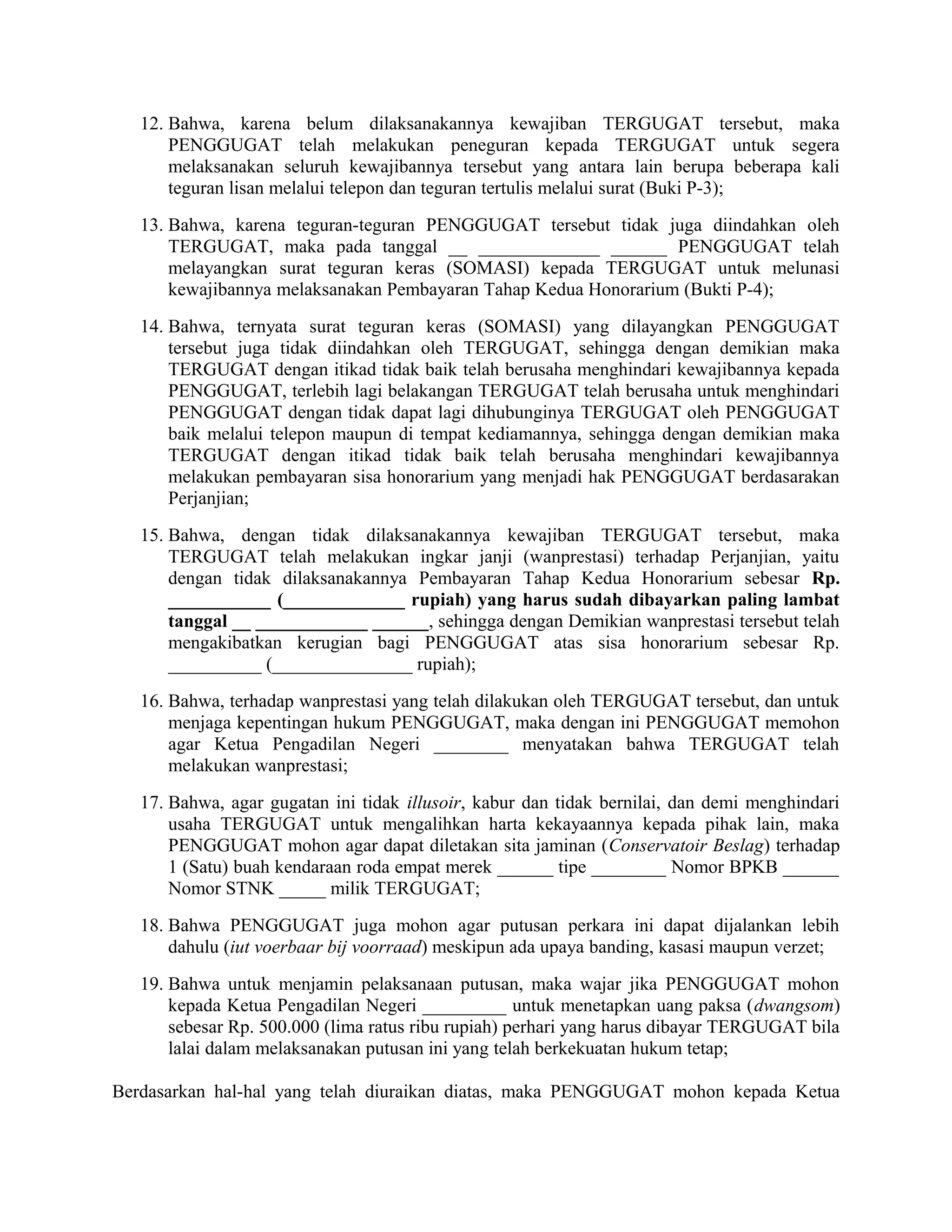 Contoh surat gugatan wanprestasi | DOC