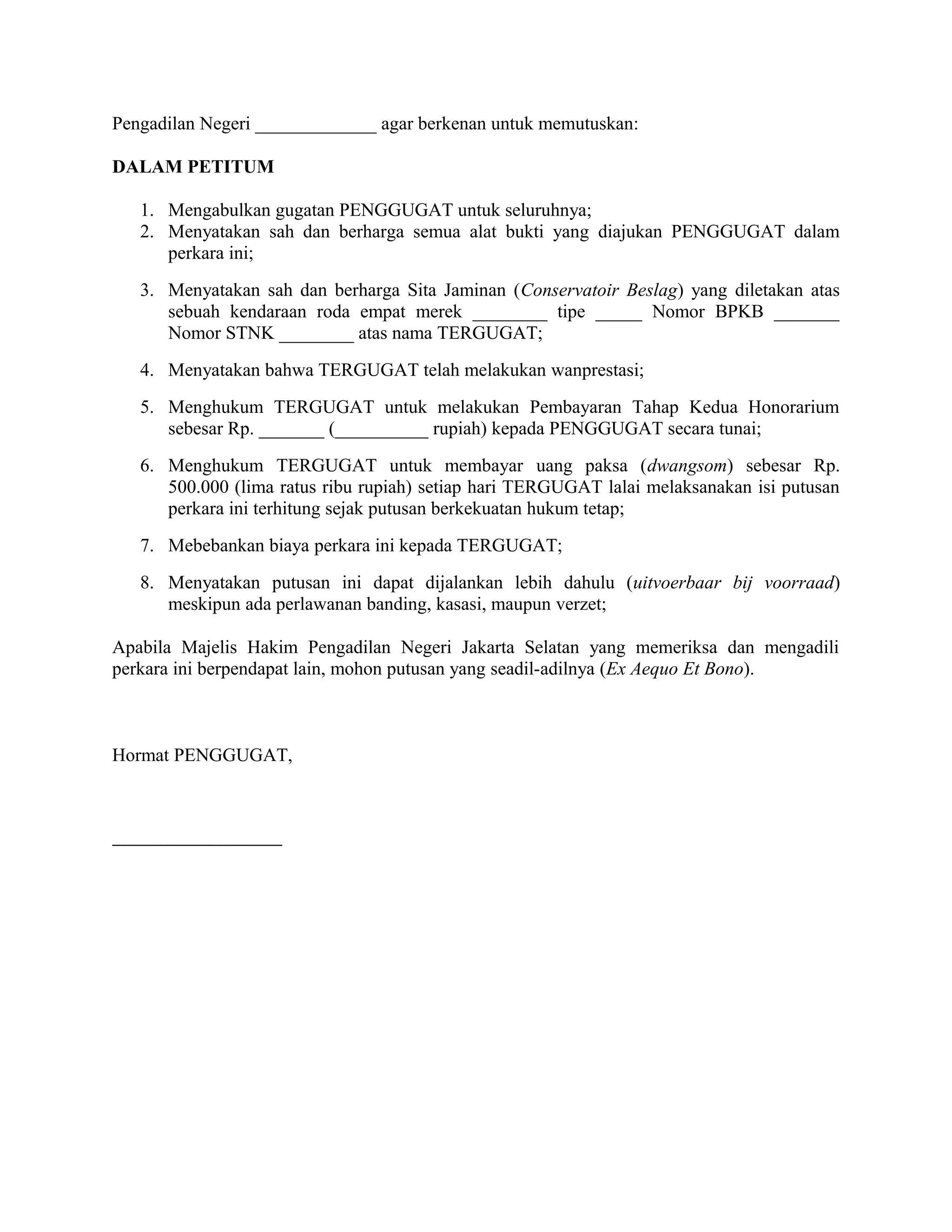 Contoh surat gugatan wanprestasi | DOC