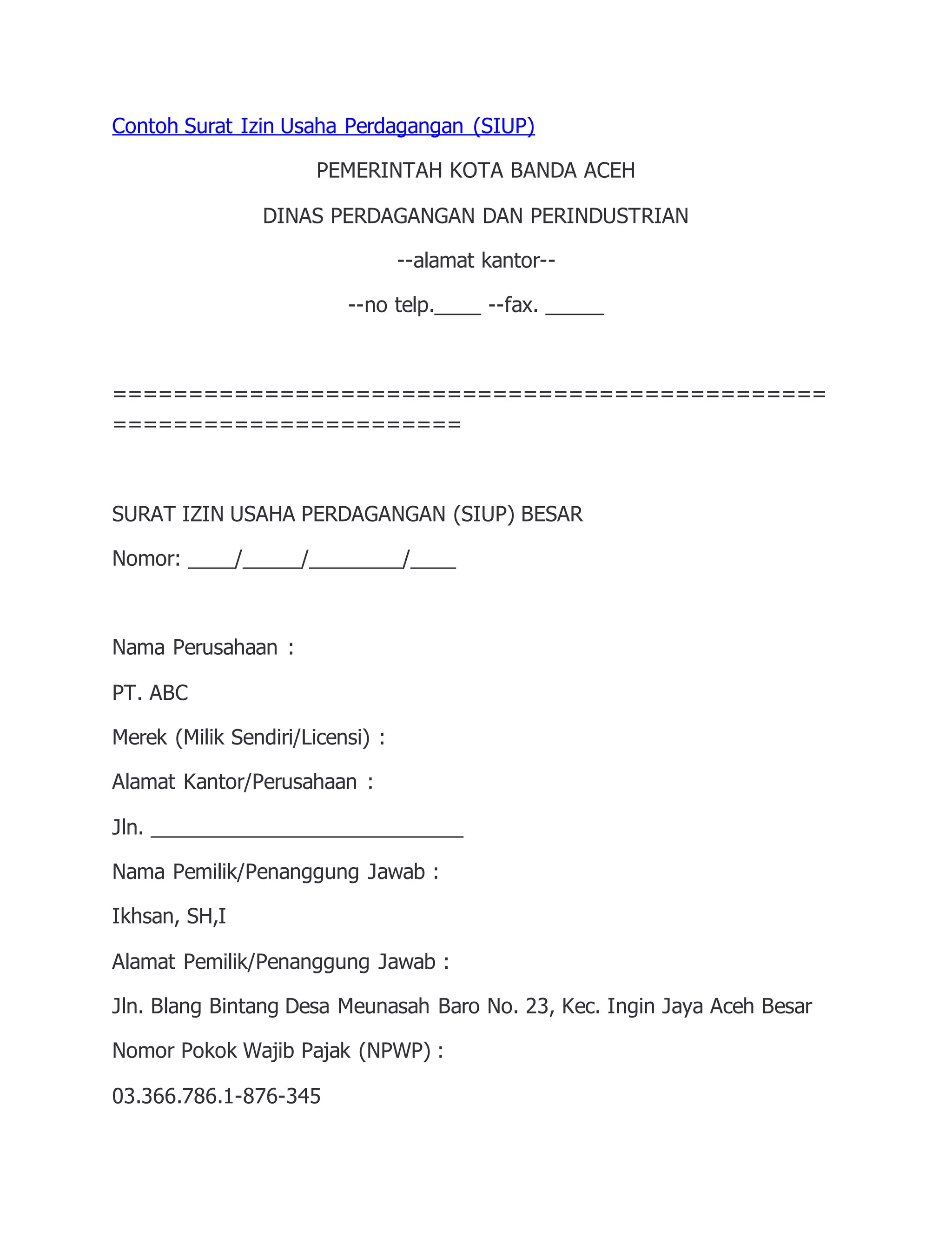Contoh surat izin usaha perdagangan siup | DOCX