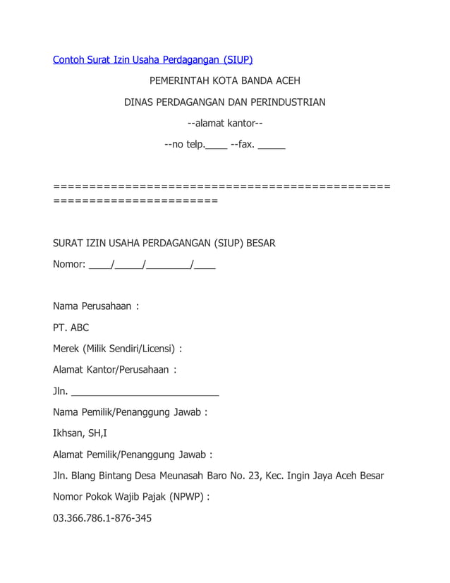 Contoh surat izin usaha perdagangan siup | DOCX