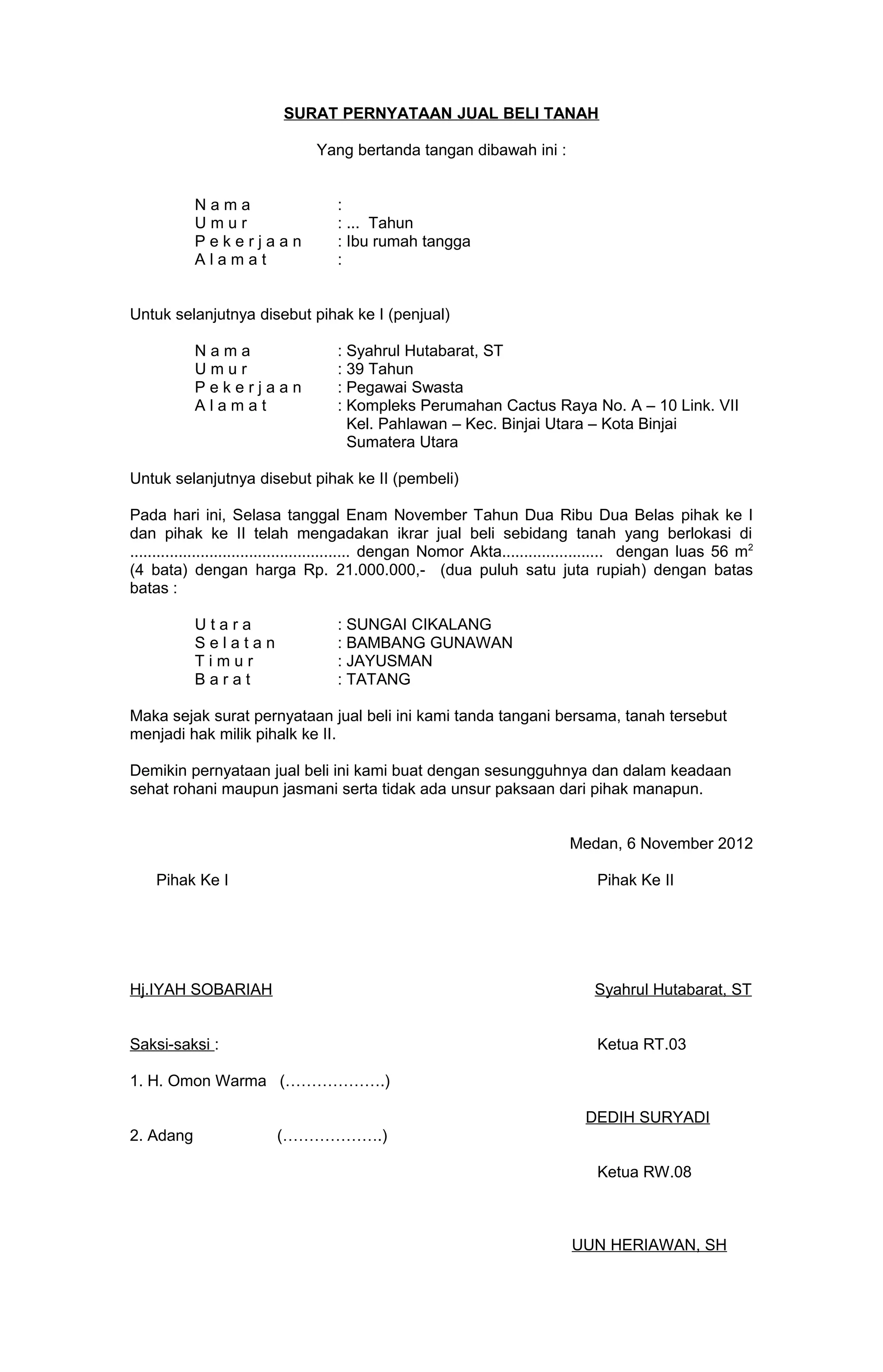 Contoh surat jual beli tanah | DOC
