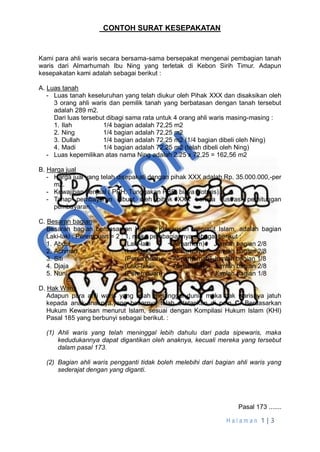 Contoh Surat Kesepakatan bagi Waris | PDF