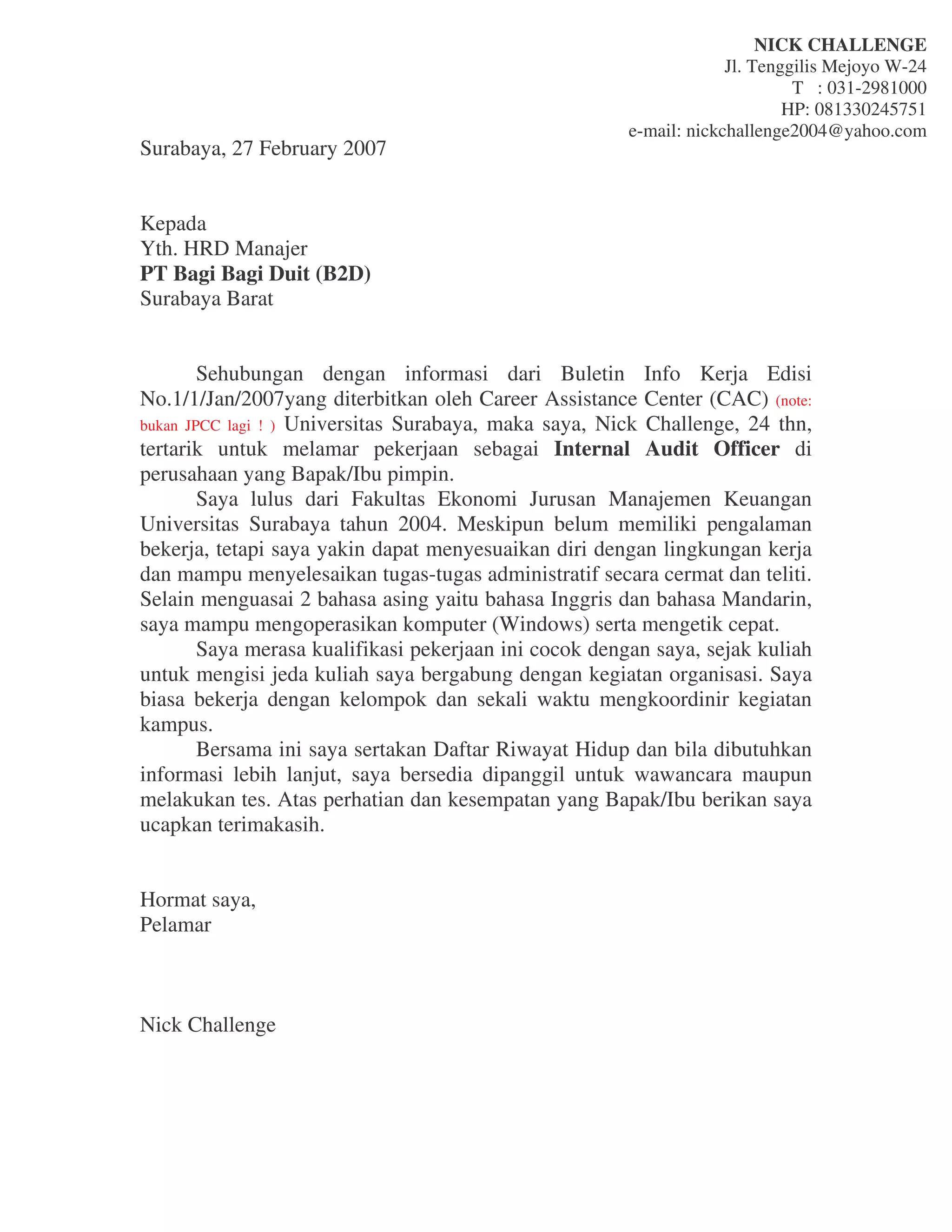 Contoh Surat Lamaran Dan Cv | PDF