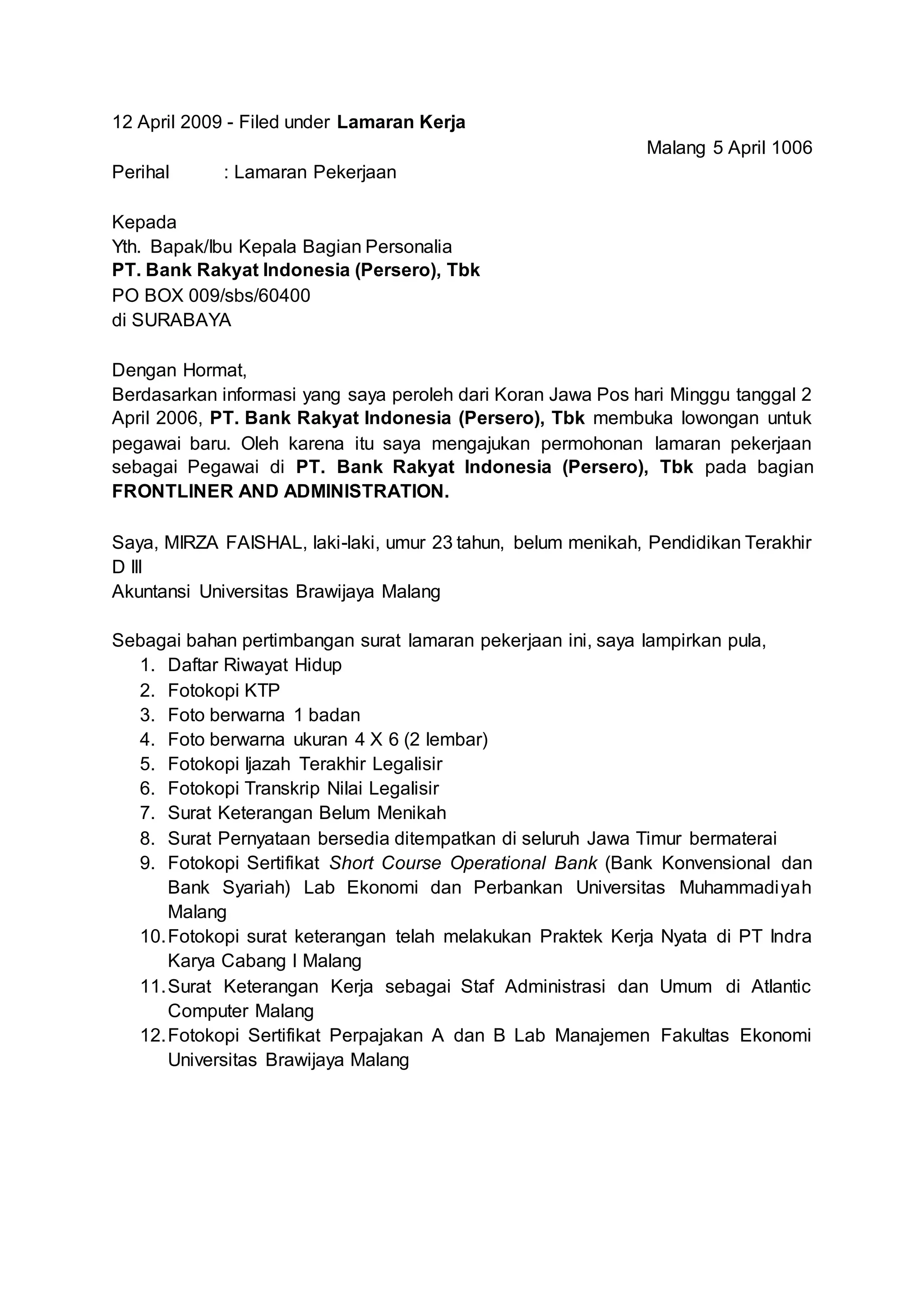 Contoh surat lamaran kerja di bank | DOCX