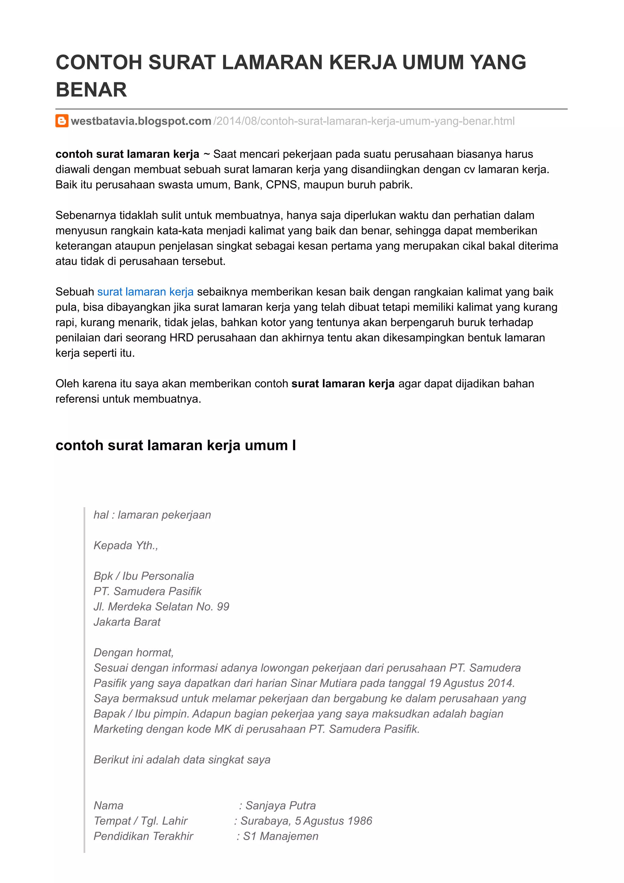 Contoh surat lamaran kerja umum yang benar | PDF