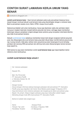 Contoh surat lamaran kerja umum yang benar | PDF