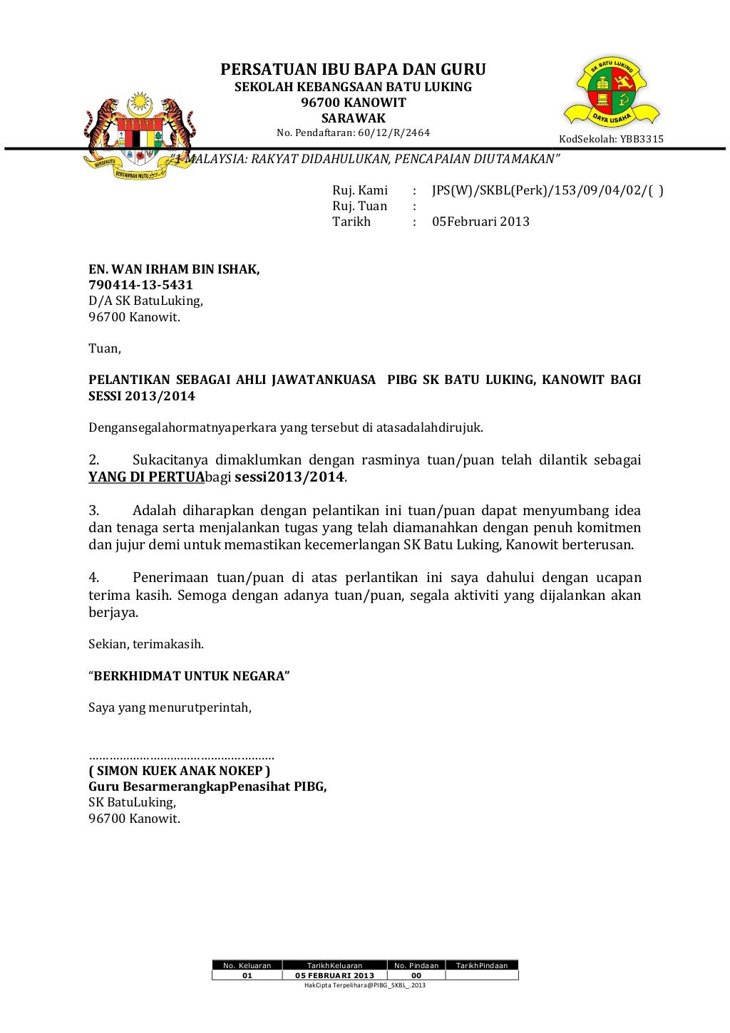 Contoh surat lantikan ajk pibg