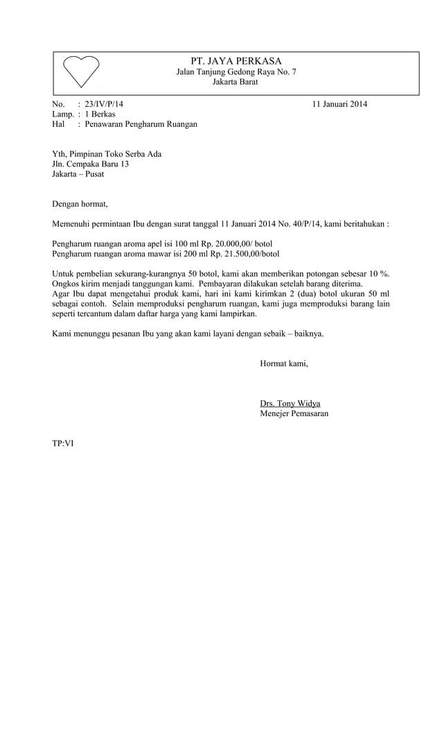 Contoh surat penawaran berdasarkan surat permintaan penawaran | DOC