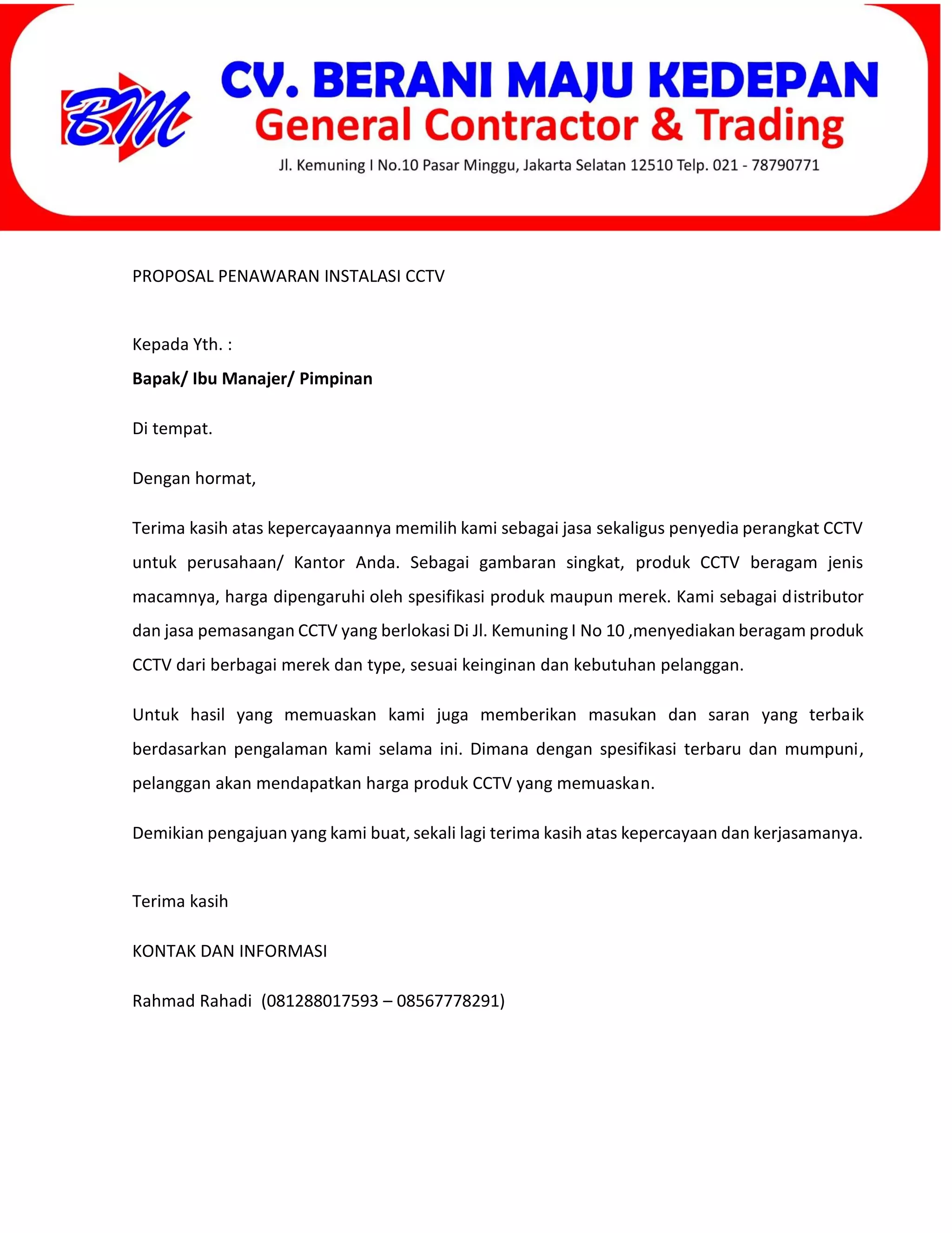 Contoh Surat Penawaran Jasa Instalasi CCTV | PDF