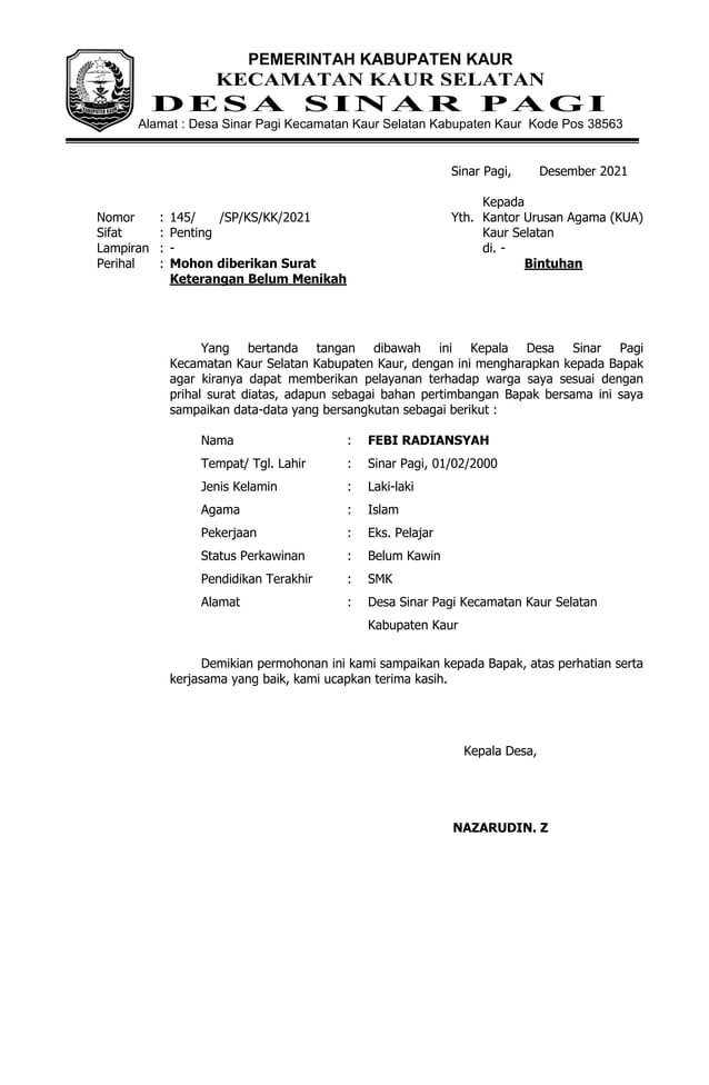 Contoh surat pengantar kepala desa | PDF