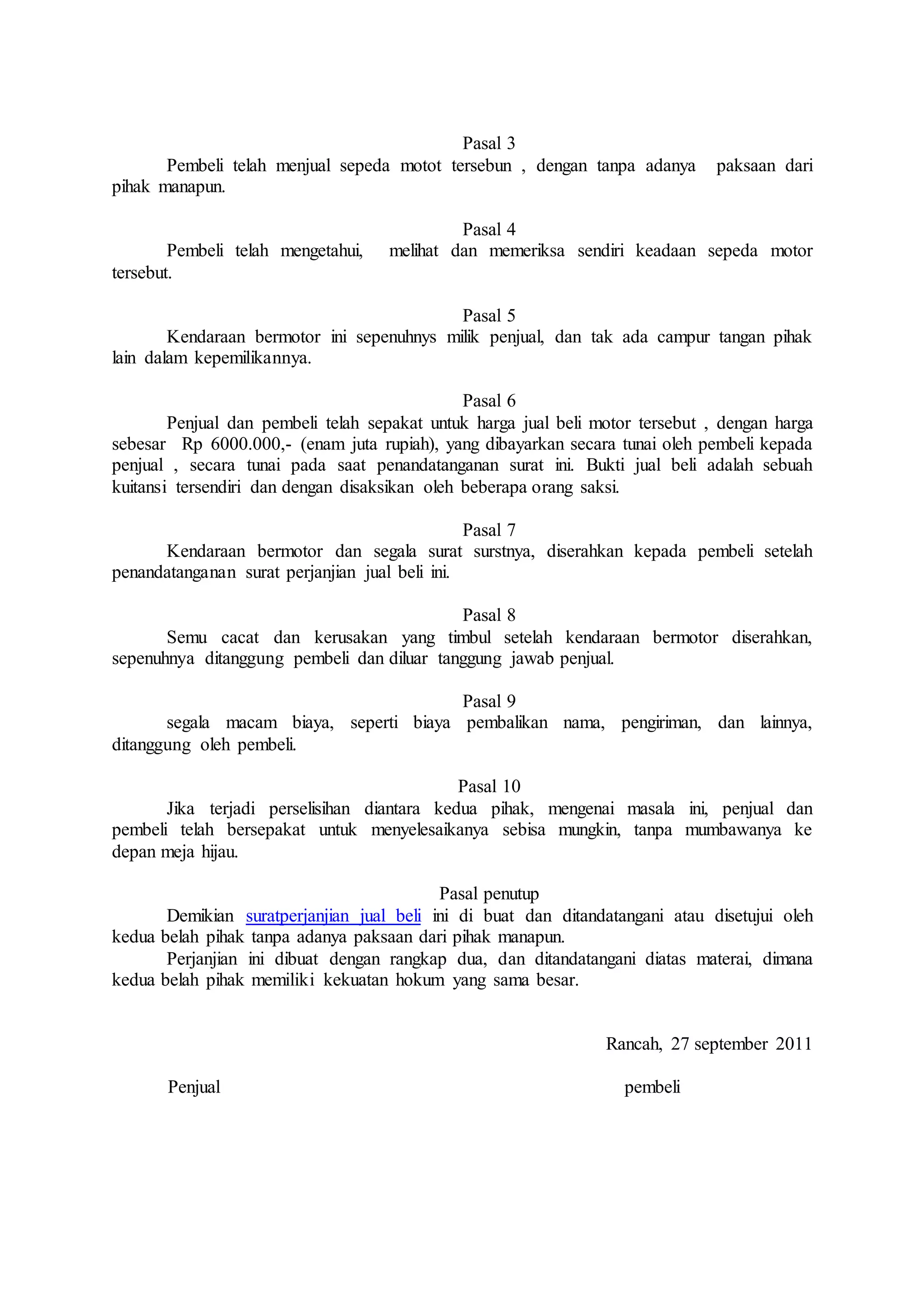 Contoh surat perjanjian jual beli sepeda motor | DOCX