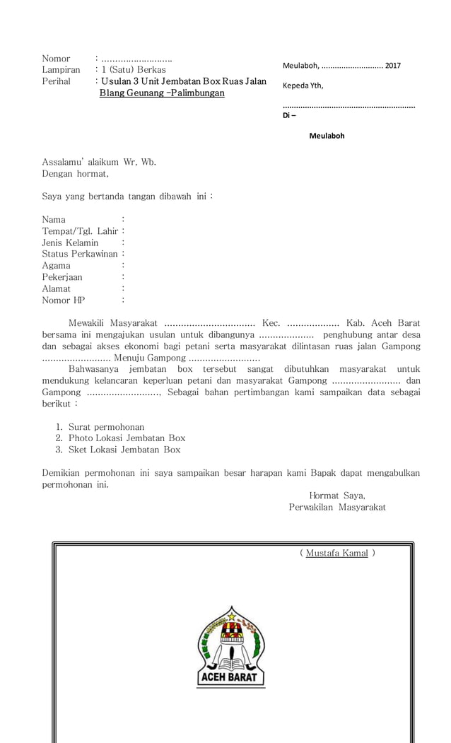 Contoh surat proposal usulan jembatan box | DOCX