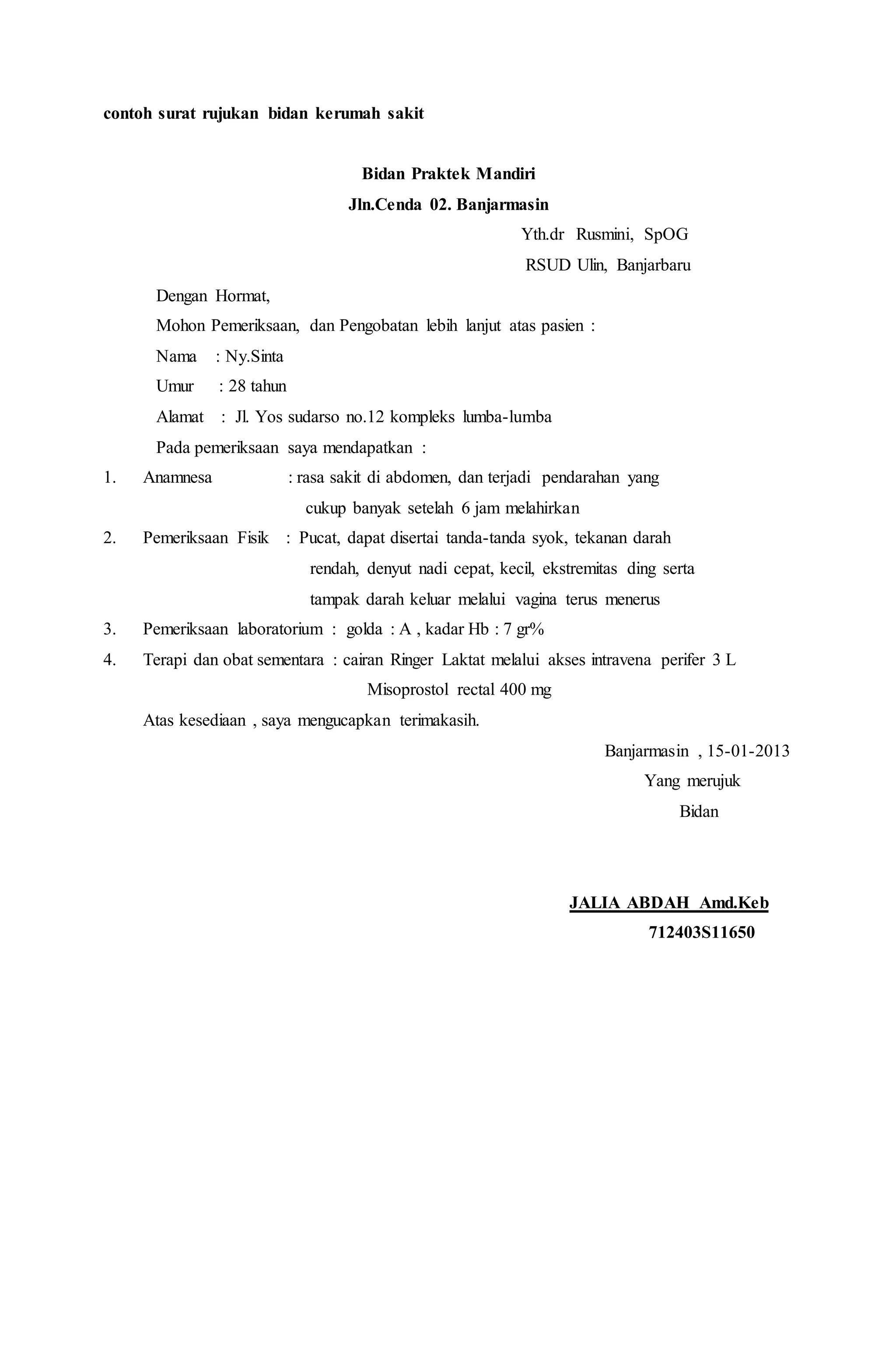 Contoh surat rujukan kebidanan | DOCX