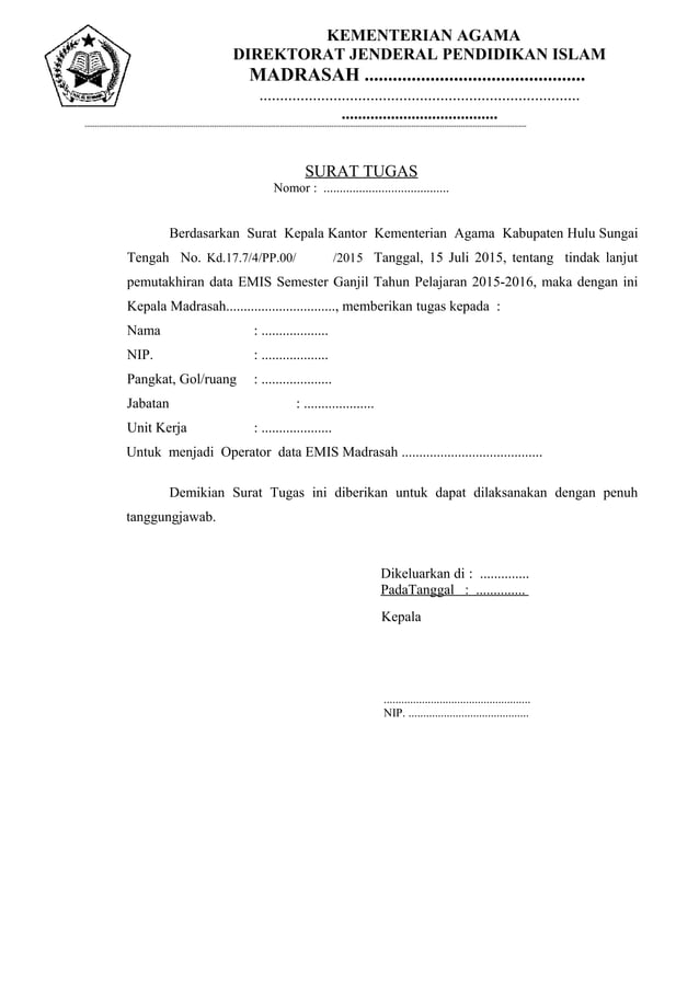 Contoh surat tugas operator emis | DOC