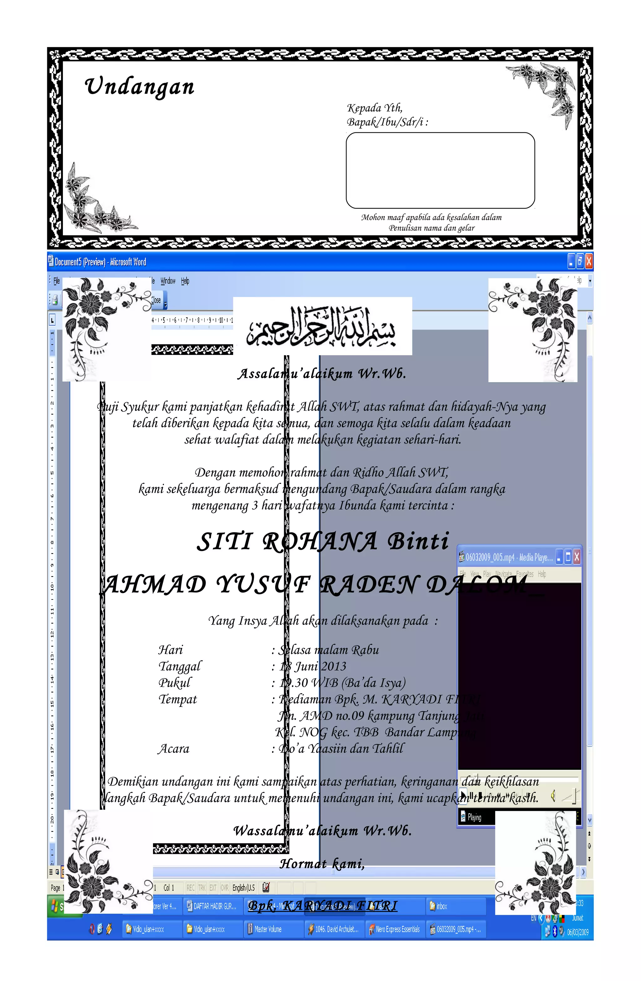 Contoh surat undangan tahlil 40, 100, 1000 hari (haul) | DOC