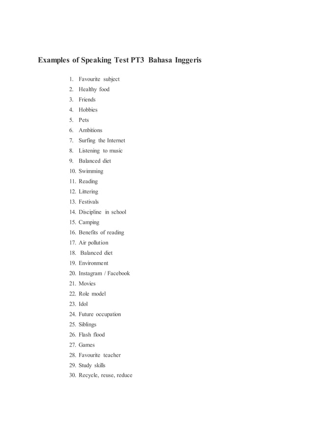 Contoh tajuk speaking test pt3 bahasa inggeris | PDF