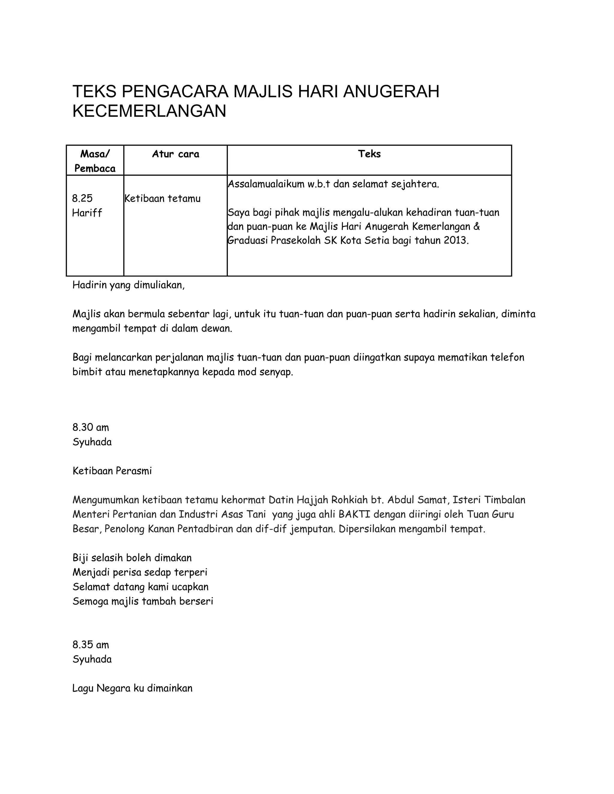 Teks pengacara majlis hari anugerah kecemerlangan 2018 | DOC