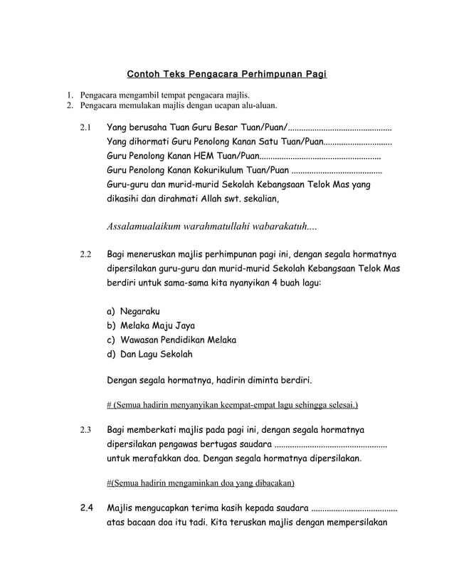 Contoh teks pengacara perhimpunan pagi | DOC