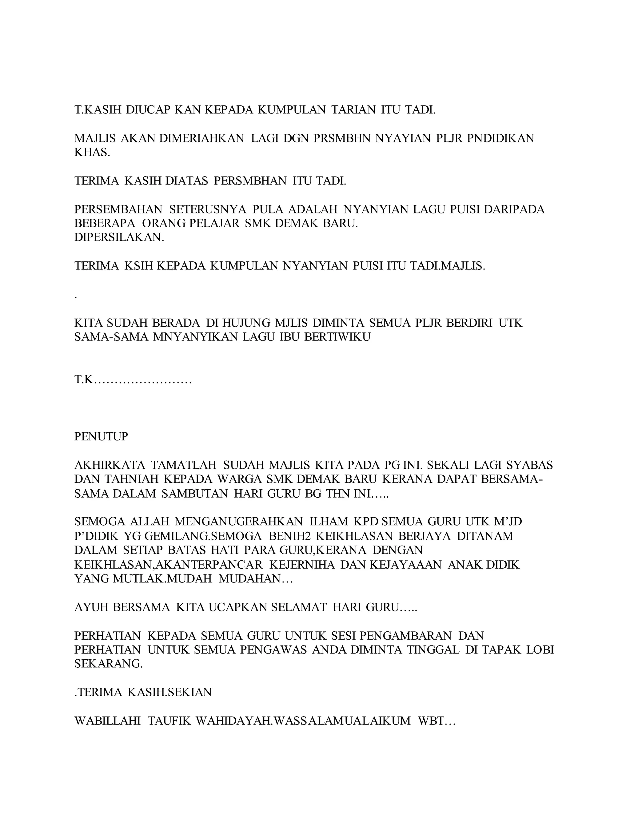 Contoh teks ucapan pengacara majlis sempena hari guru | DOCX