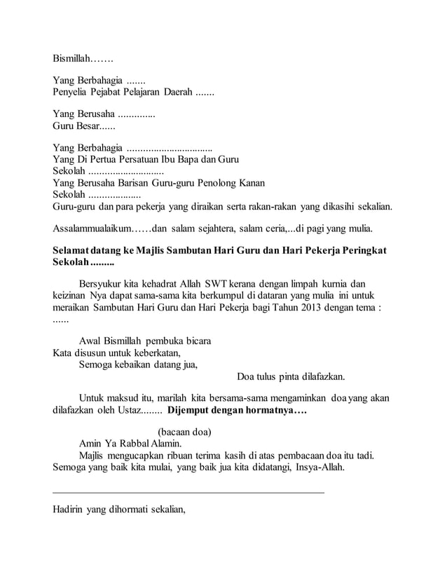 Contoh teks ucapan pengacara majlis sempena hari guru | DOCX