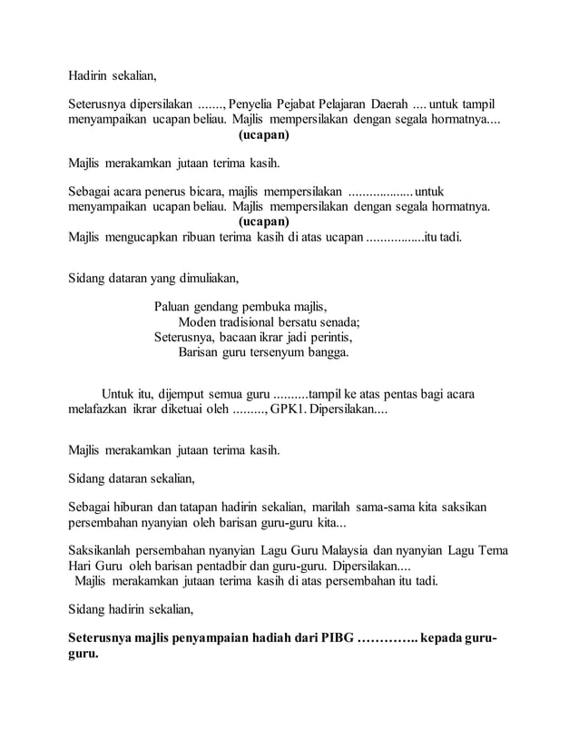 Contoh teks ucapan pengacara majlis sempena hari guru | DOCX